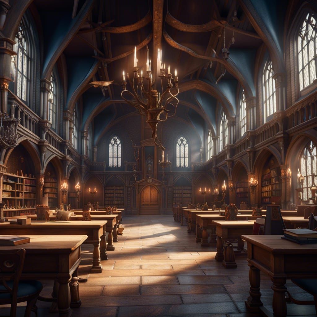 wizarding school large classroom, detailed matte painting, deep color ...
