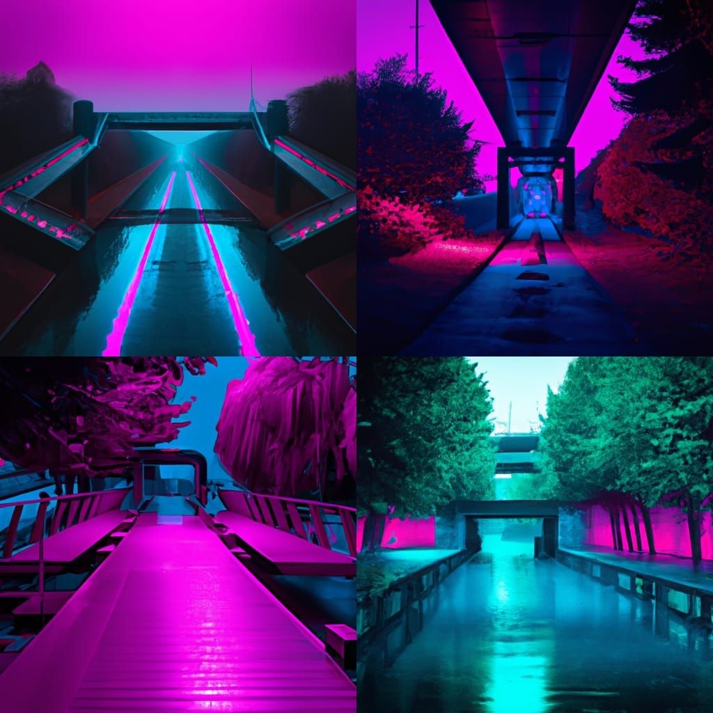 Brücke Frachter Kanal Bäume Weg - AI Generated Artwork - NightCafe Creator