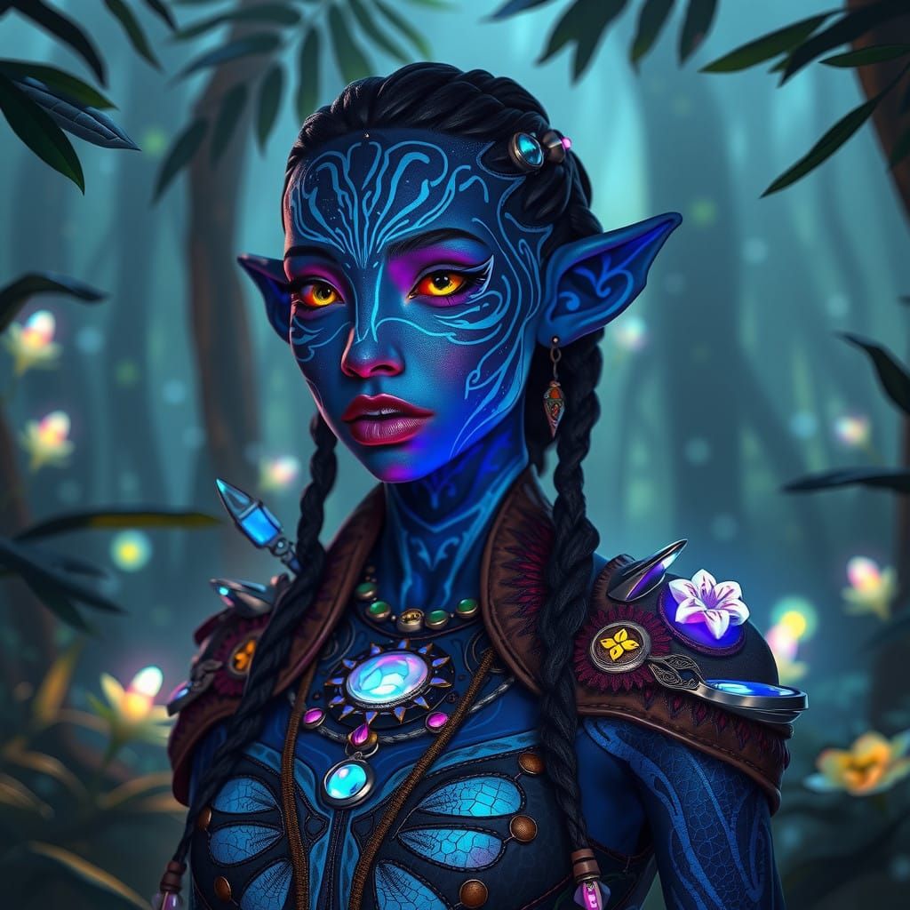 Navi woman with iridescent, glimmering blue skin