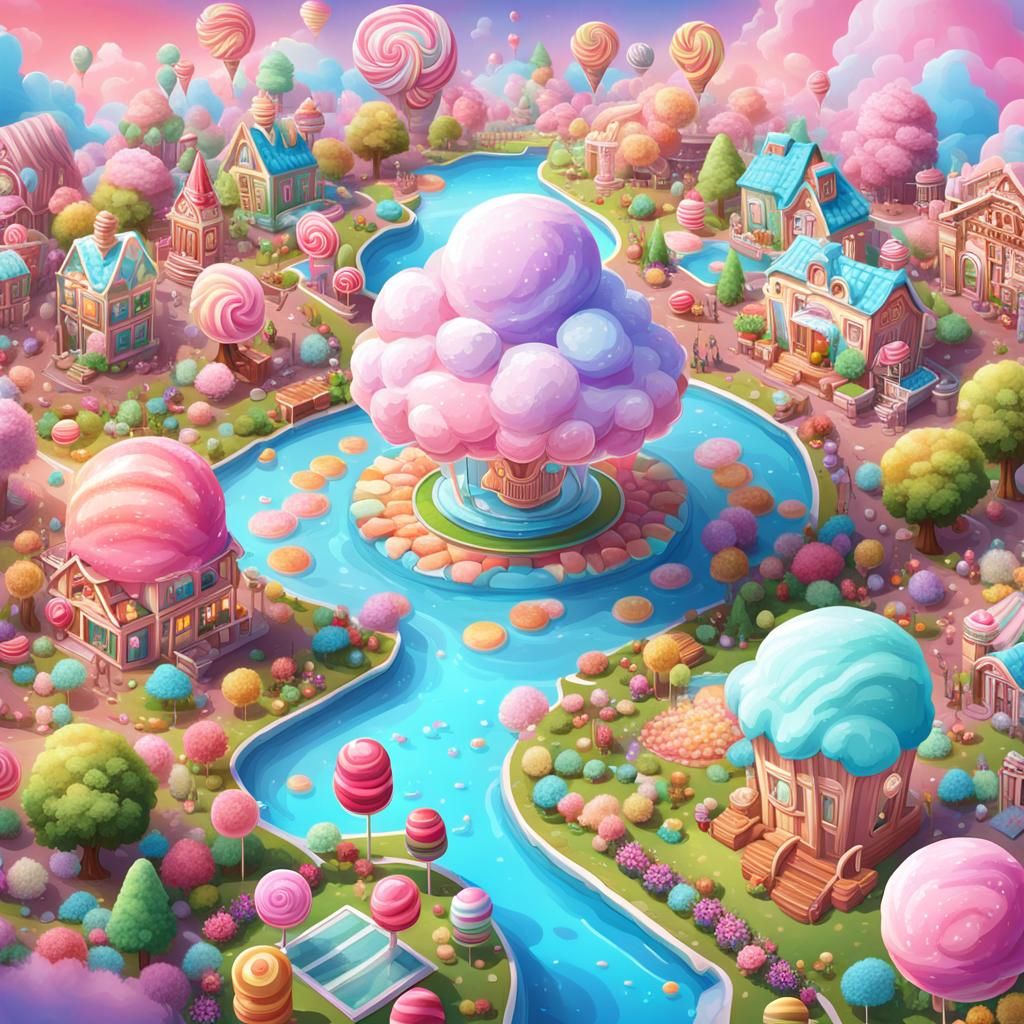 a far view of a stunning world made of fluffy cotton candy with a ...