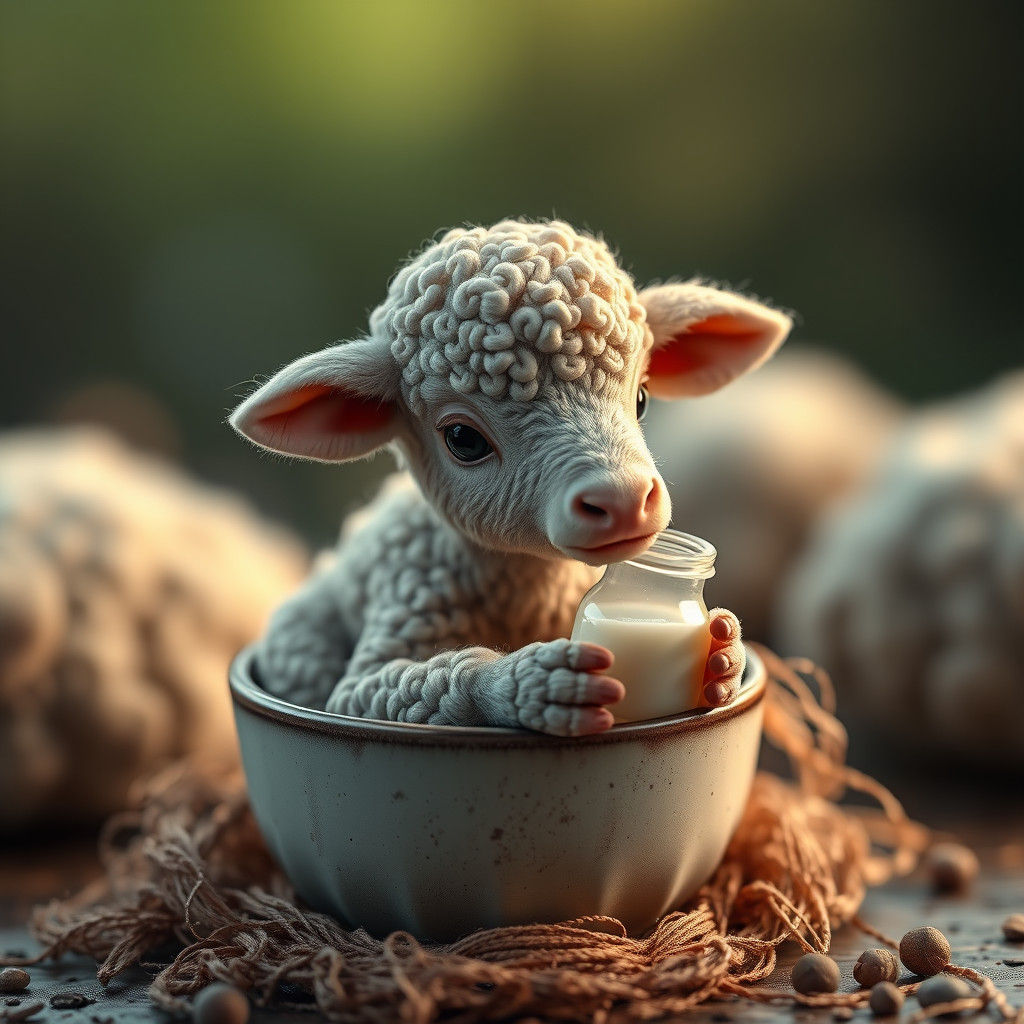 A tiny calf with soft, curly wool is nestled in a cup as it holds a ...