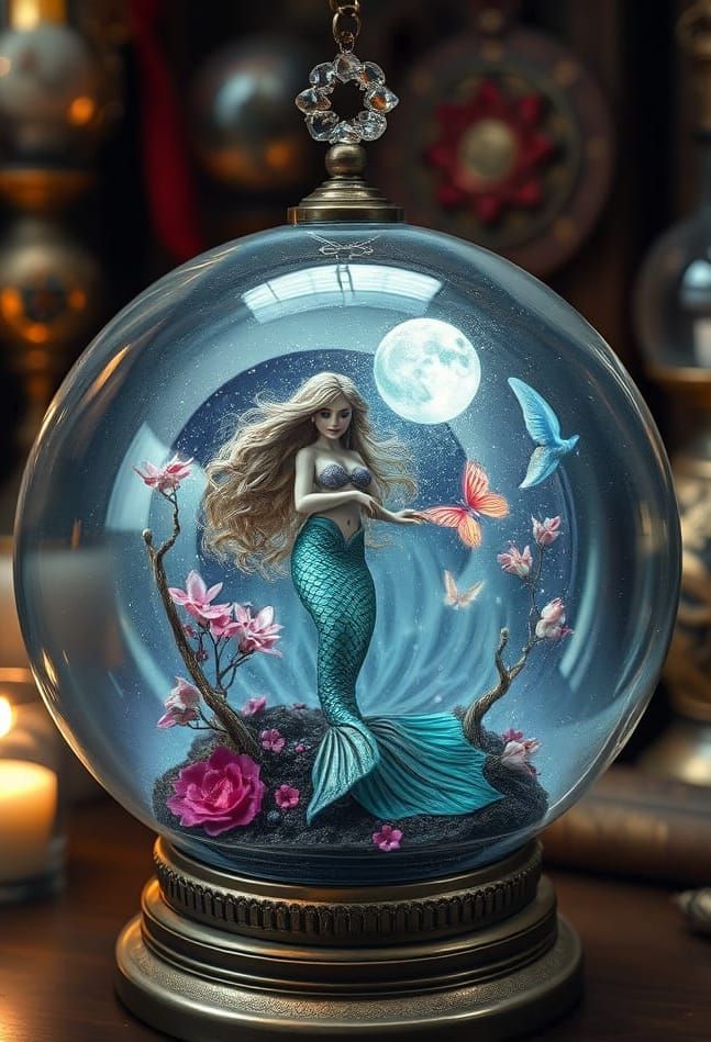 Portrait of a glass orb with a mermaid and mermaid world inside. Magic ...
