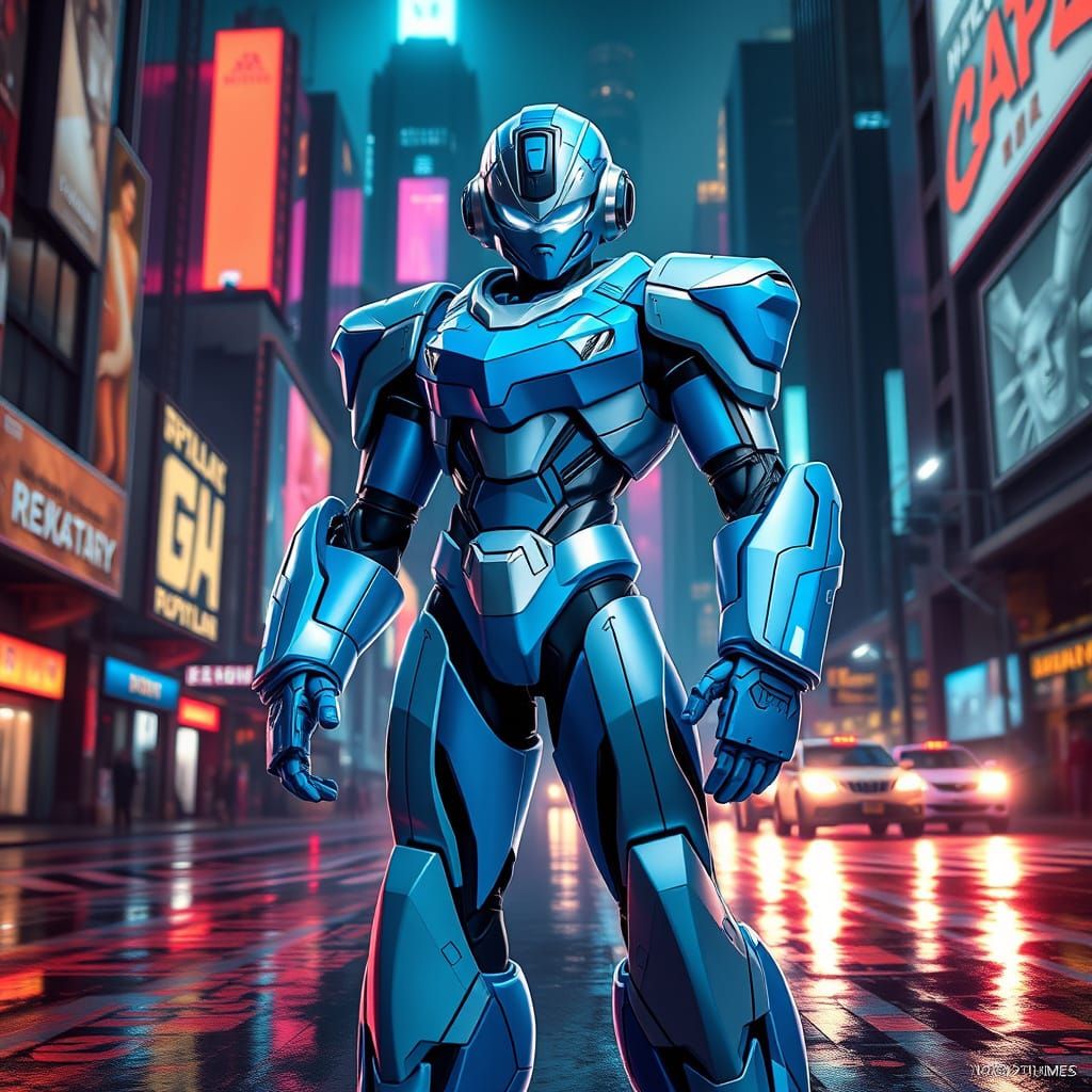 Alien Mega man - Cyberpunk Blue Robot in Mega Man Armor