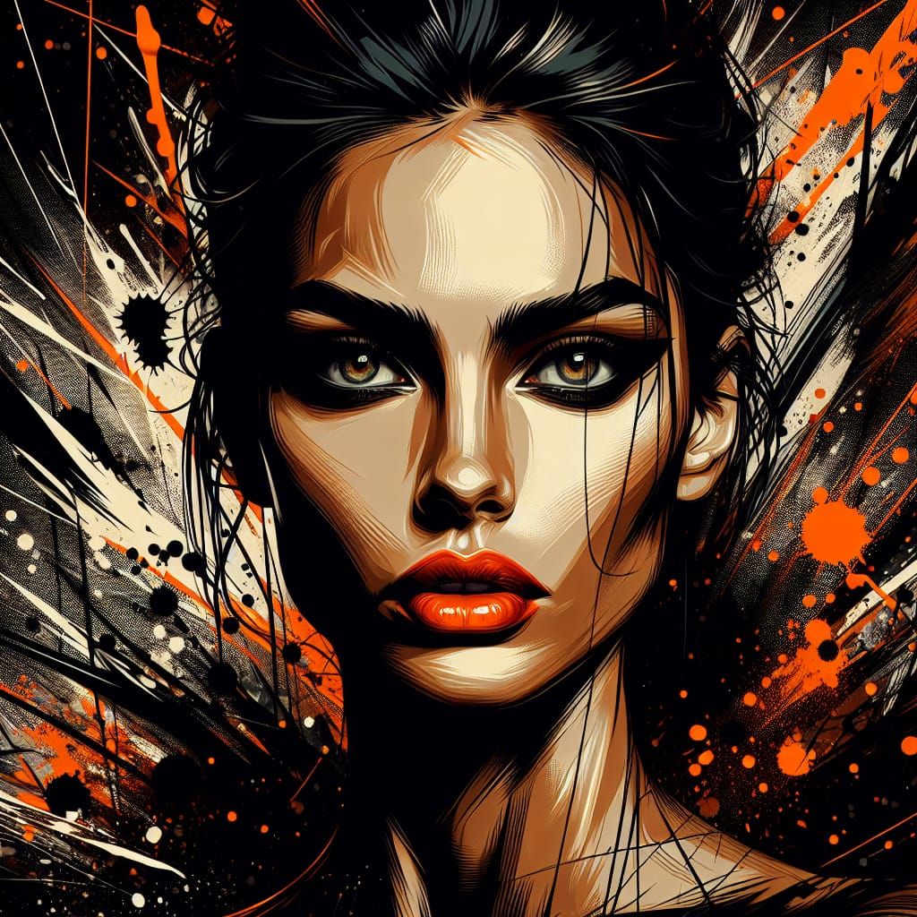 A bold and expressive portrait of a woman with piercing eyes and ...