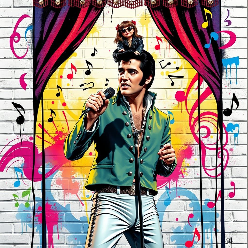 Vibrant Pop Art Elvis Puppet Show on White Brick W... - AI Art