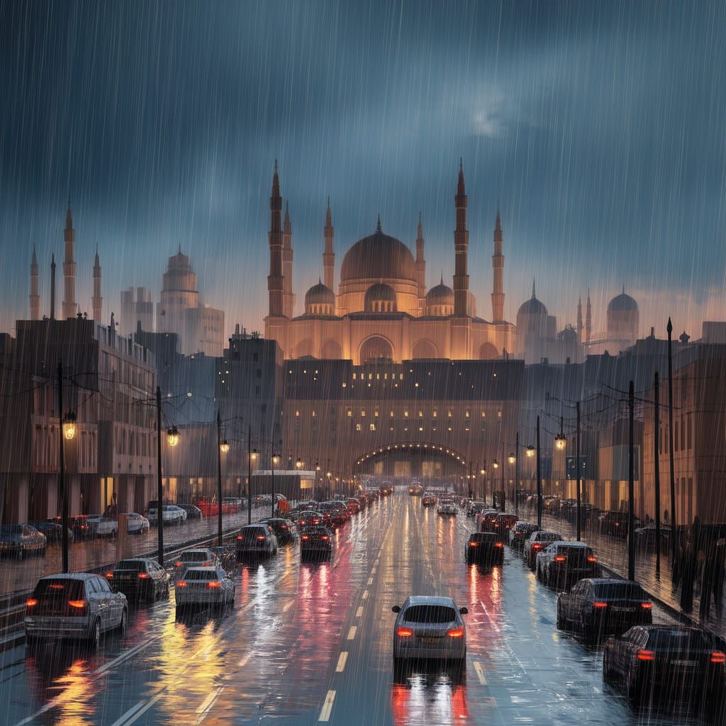 City of Baghdad in Iraq at rain, poster painting