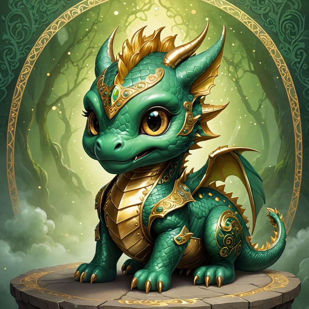 Create a fantastic and surreal image of a cute aventurine colored chibi ...