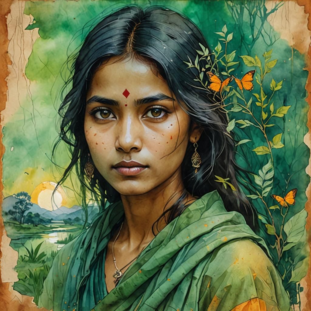Ethereal Indian Woman Amidst Jungle Sunrise