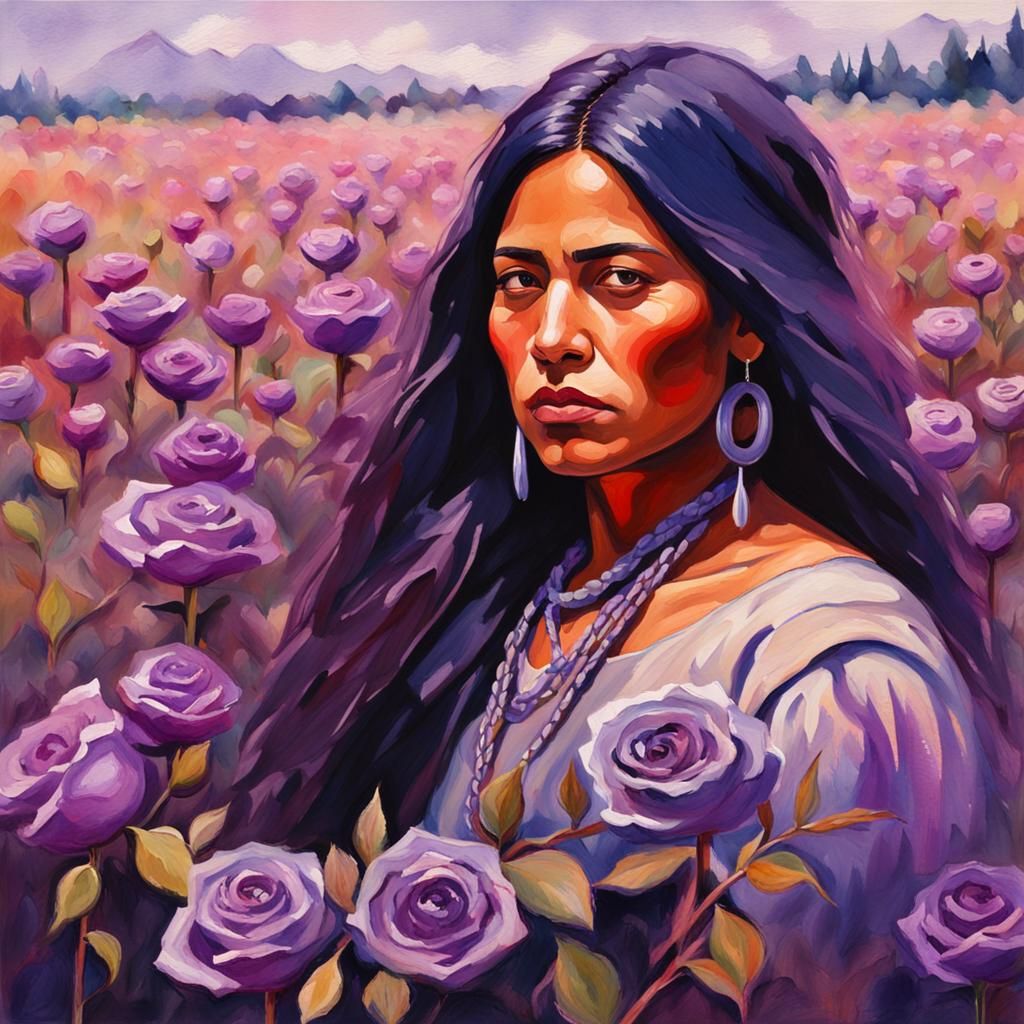 Amidst a sea of purple roses, stands a Native American woman, embodying ...
