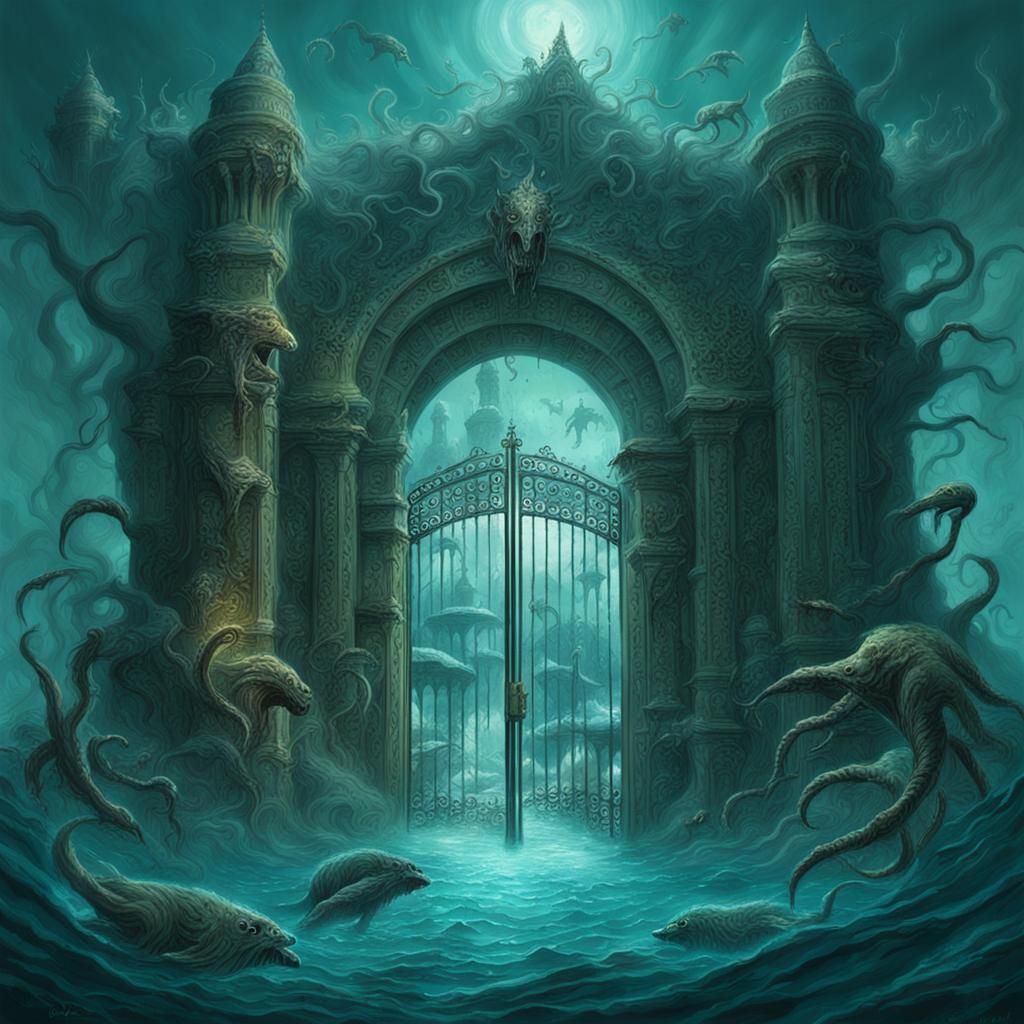 Underwater view of a huge fantastical gateway to another dimension ...