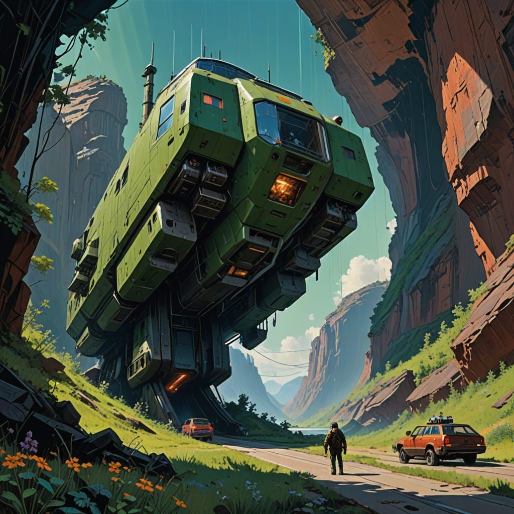 Realistic, Starship sits grounded between two looming cliffs in a green ...