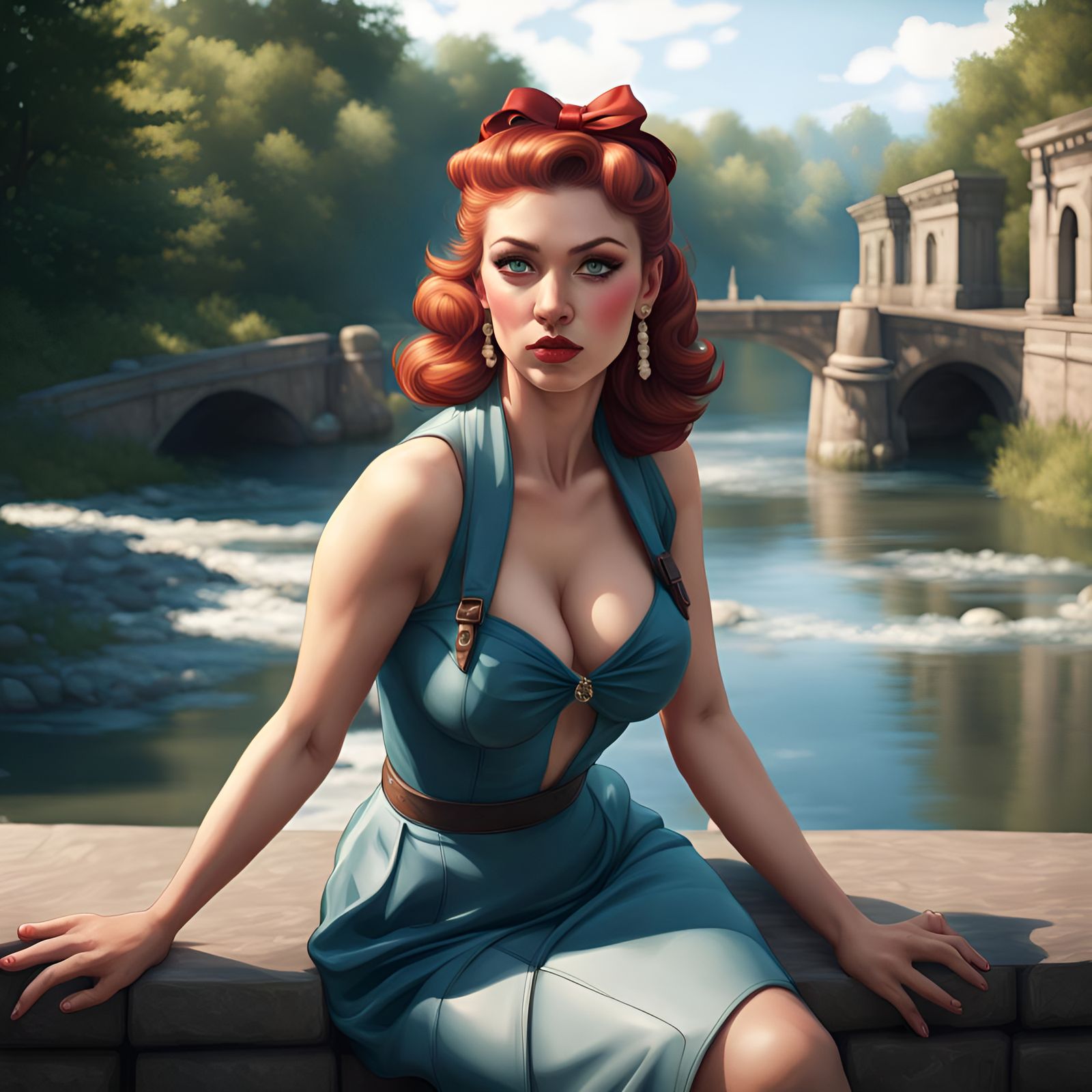 Glamourous Young Pin Up Girl Sitting On A Stoney Bridge Ai Generated