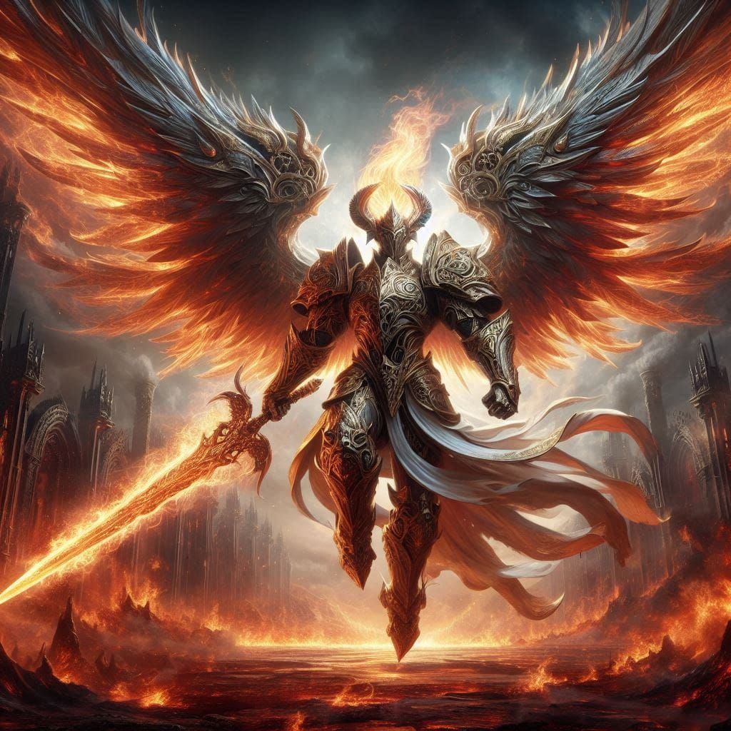 Flaming winged warrior - Celestial Paladin Charges Burning C...