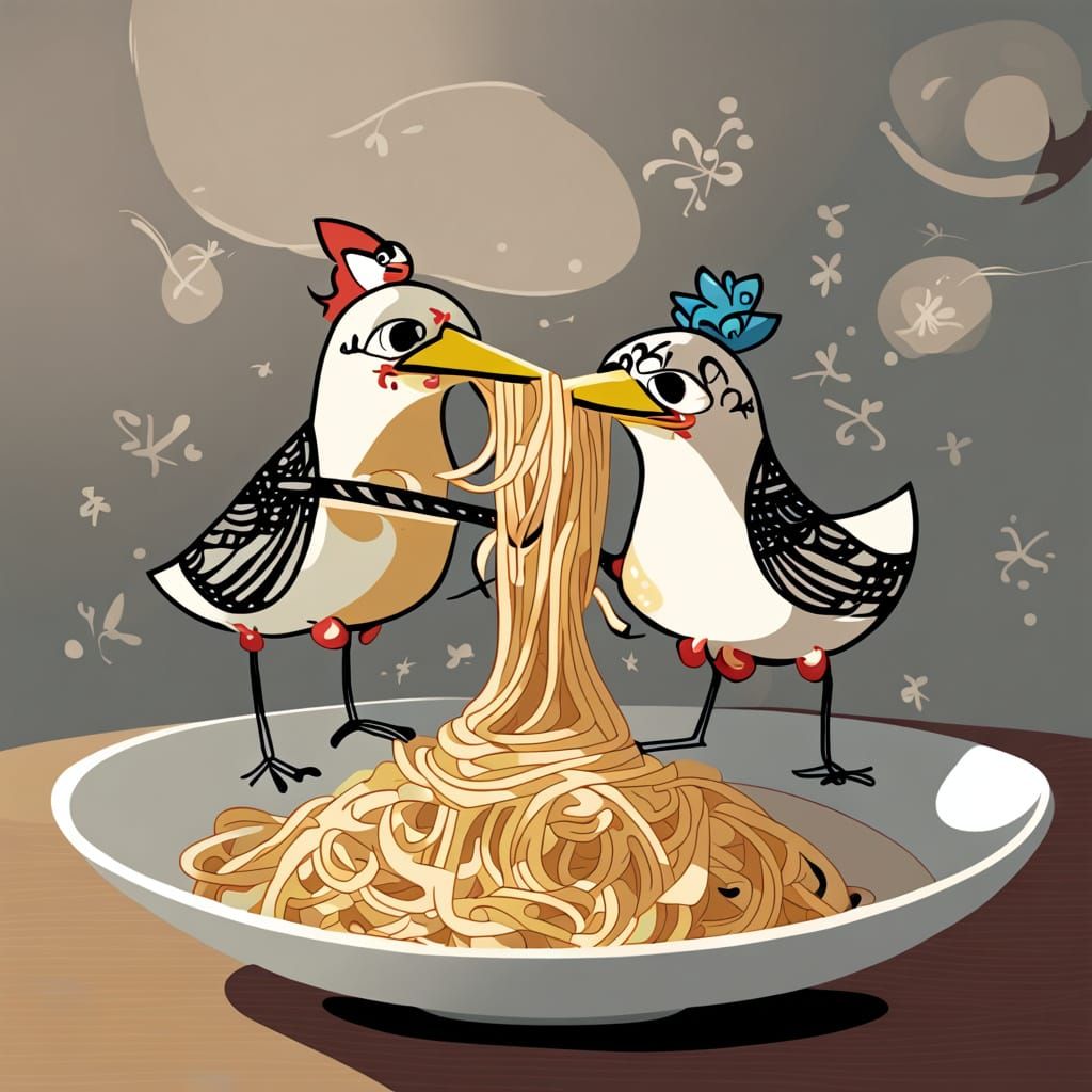 A pair of quirky, doodle-style birds sharing a spaghetti noodle.
