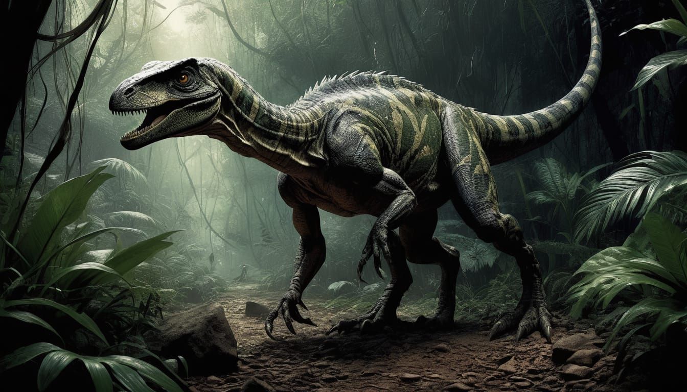 A lone velociraptor stalks through a dense, prehistoric jungle, its ...