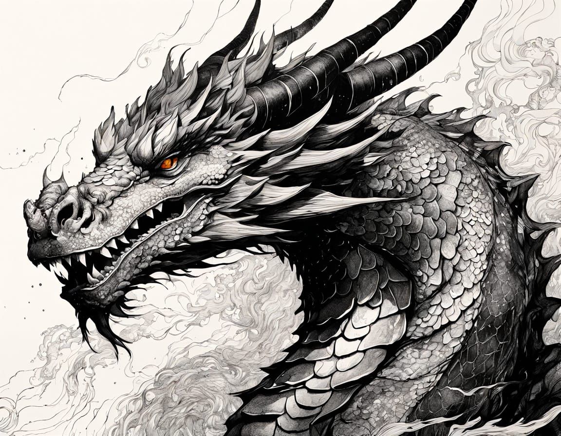 Majestic Dragon in Bold, Expressive Ink Illustrati... - AI Art