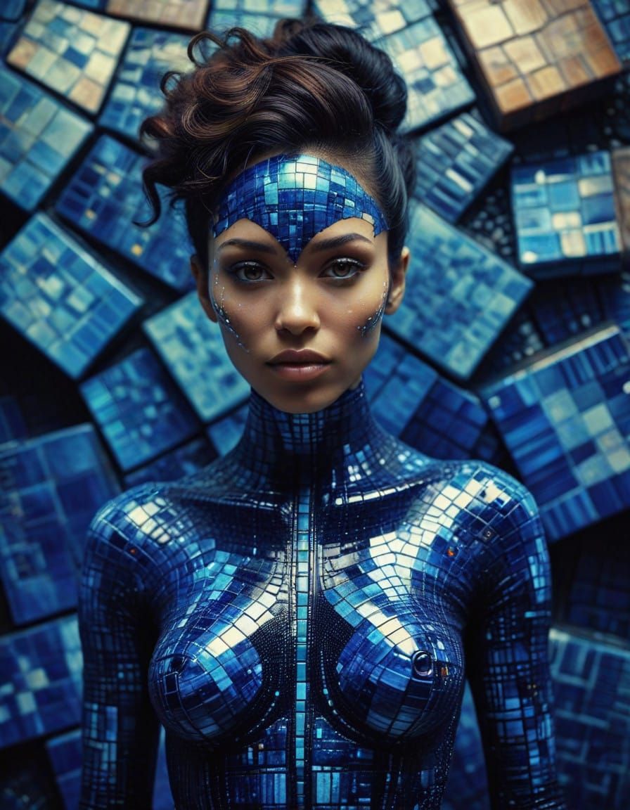 Portrait woman afrofuturism, biotech glitchy tilt-shift bodysuit; shibori, Iznik tiles; Karol ...