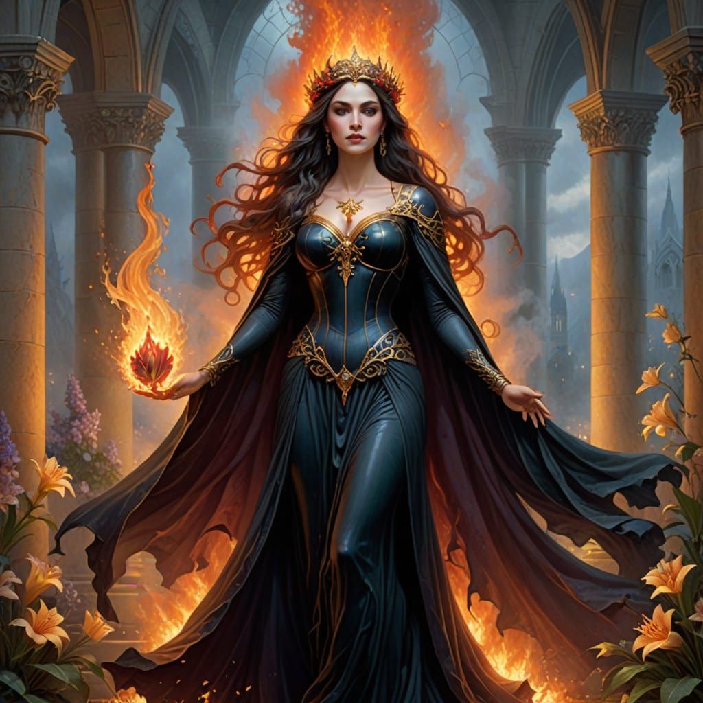 Ethereal Persephone in Gothic Cathedral of Flames ... - AI Art