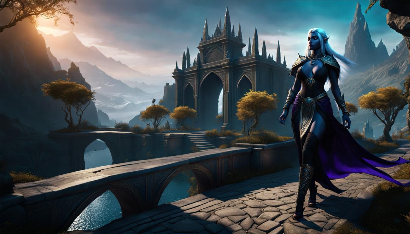 Beautiful Female Drow Priestess on a stone road under an arch, detailed ...