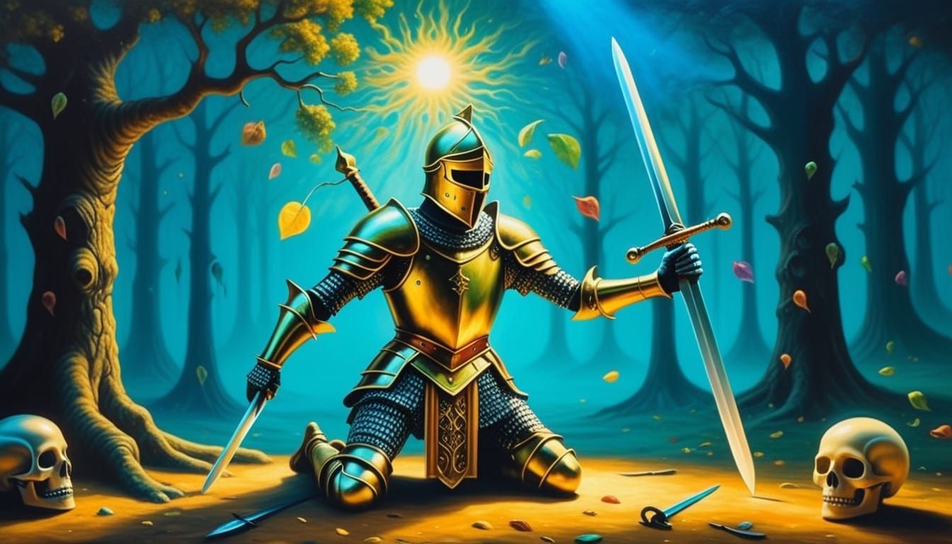 Heroic Knight Lost in Whimsical Thought Amidst Fan... - AI Art