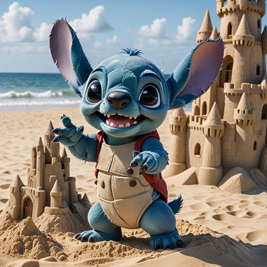 Stitch Waving Next to a Sandcastle - AI Art