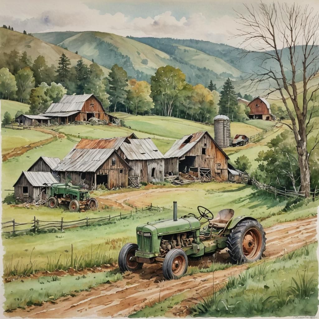 The Old Green Tractor - Rustic Farm Scene in Vintage Waterco...