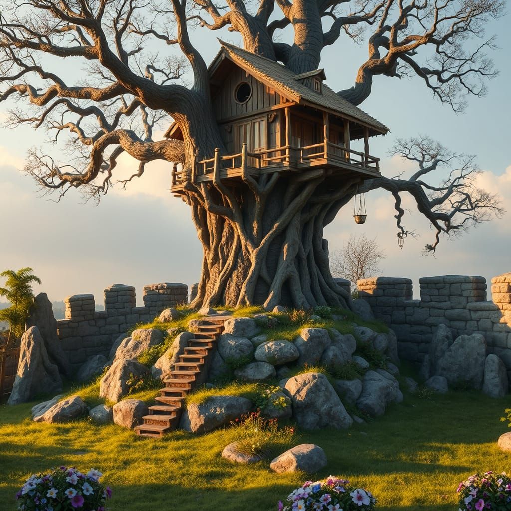 Whimsical Treehouse Perched on a Massive Stone Tow... - AI Art