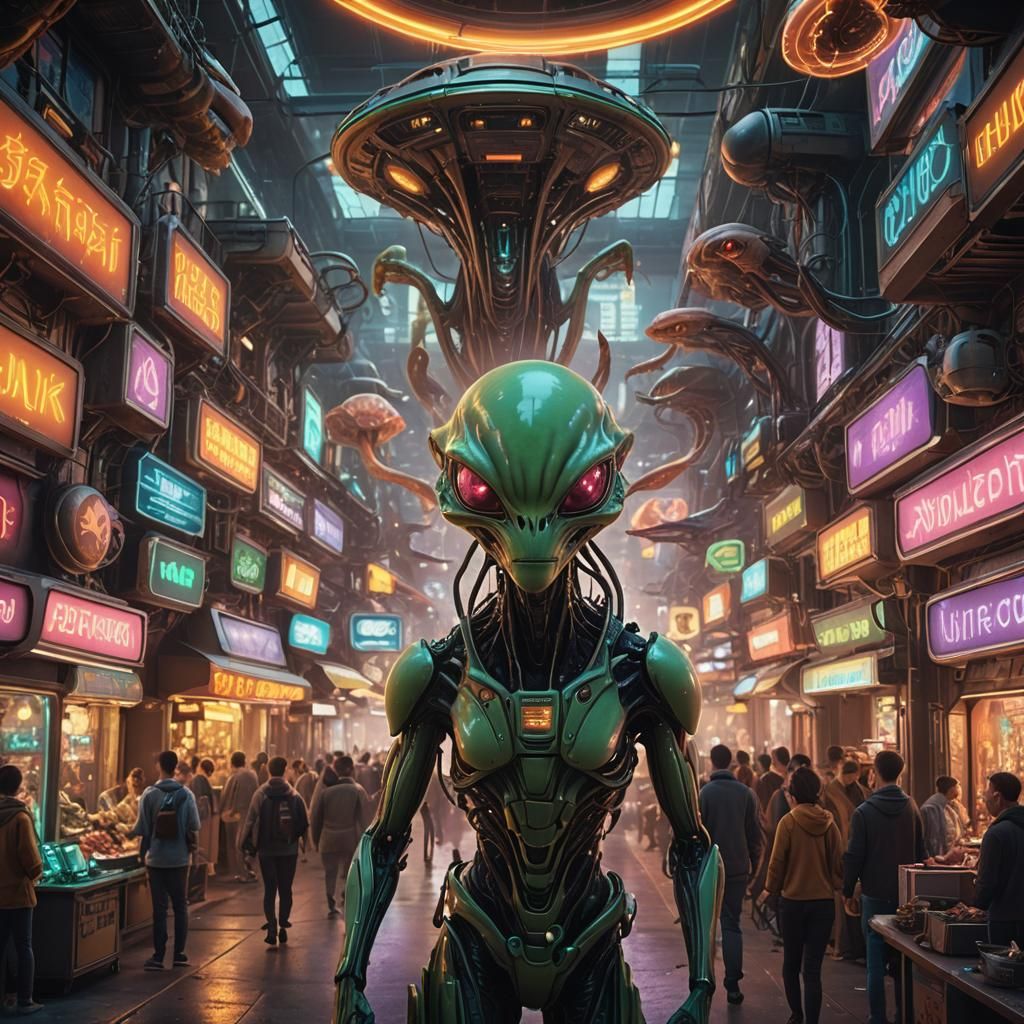 A bustling alien marketplace teeming with diverse creatures and strange ...