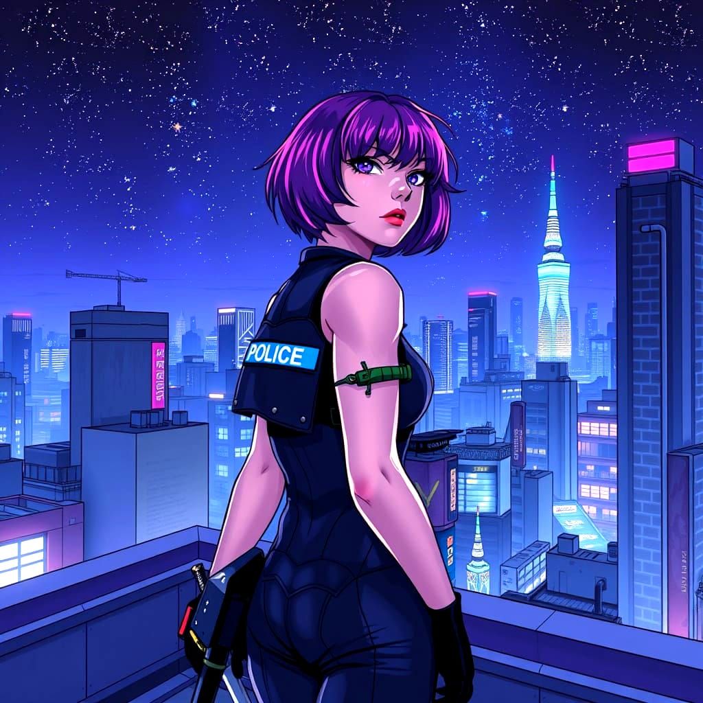 Neo Tokyo Police Woman Stands Guard Under Starry N... - AI Art