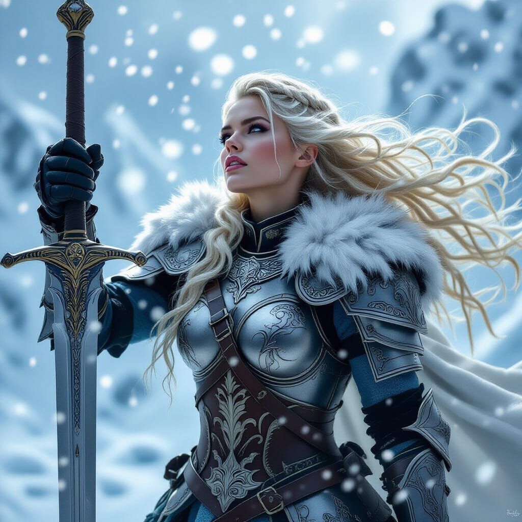 Fierce Valkyrie in Blizzard, Hyperrealistic Digita... - AI Art