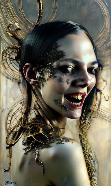 Laughing gothic flesh ecstasy, gunmetal and gold, 8k hyperdetailed ...