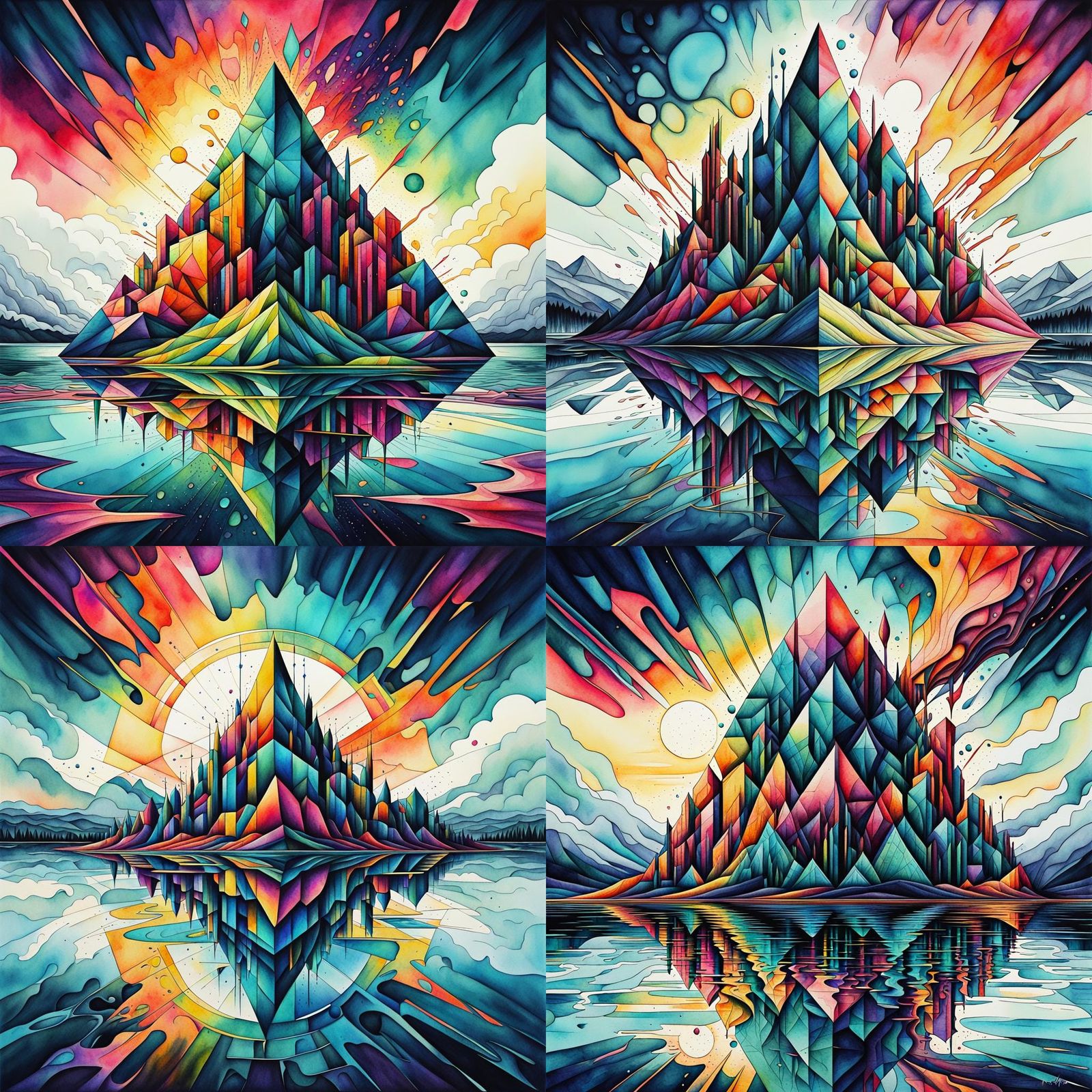 Alien cities around a lake , Watercolour and Acrylic Splash art By ...