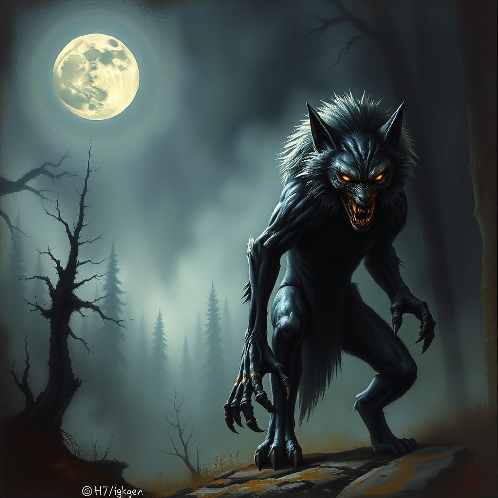 Werewolf (C) - Grotesque, Humanoid Werewolf Under Haunting F...