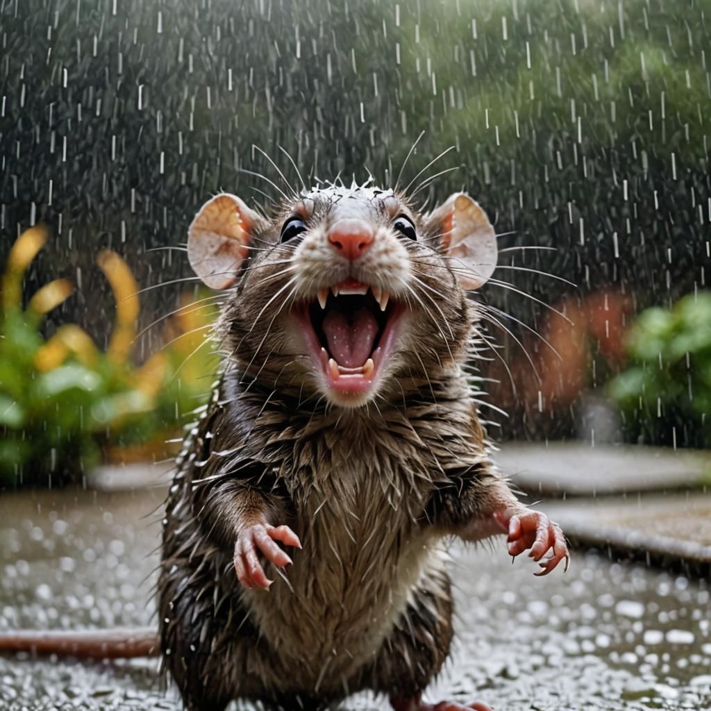 A happy picture of ratfink rat laughing while it’s raining, taken with ...