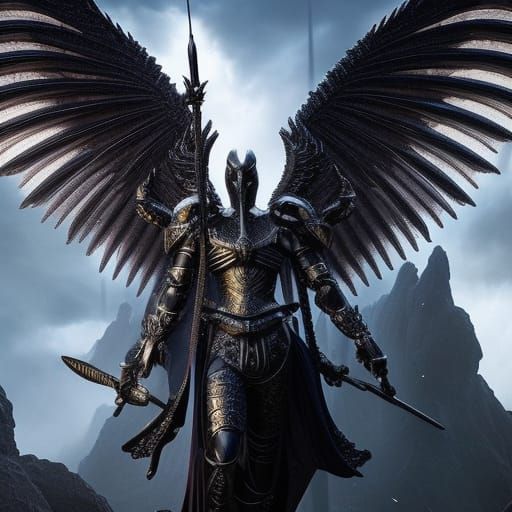 "male angel warrior with two wings" by H.R. Giger in the style of ...