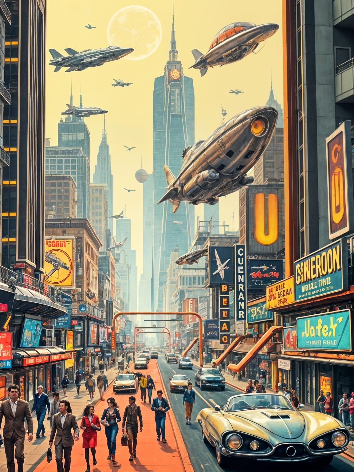 1950s-style science fiction illustration of futuristic 2025s city ...