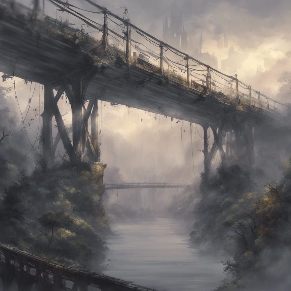 a bridge that goes into the fog by artist "anime", Anime Key Visual ...