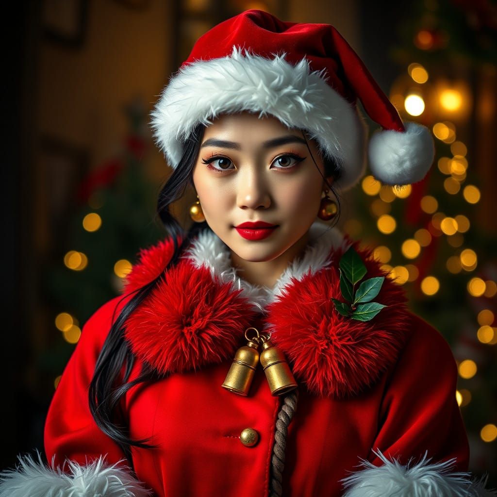 Beautiful Asian model dressed in a santas helper uniform