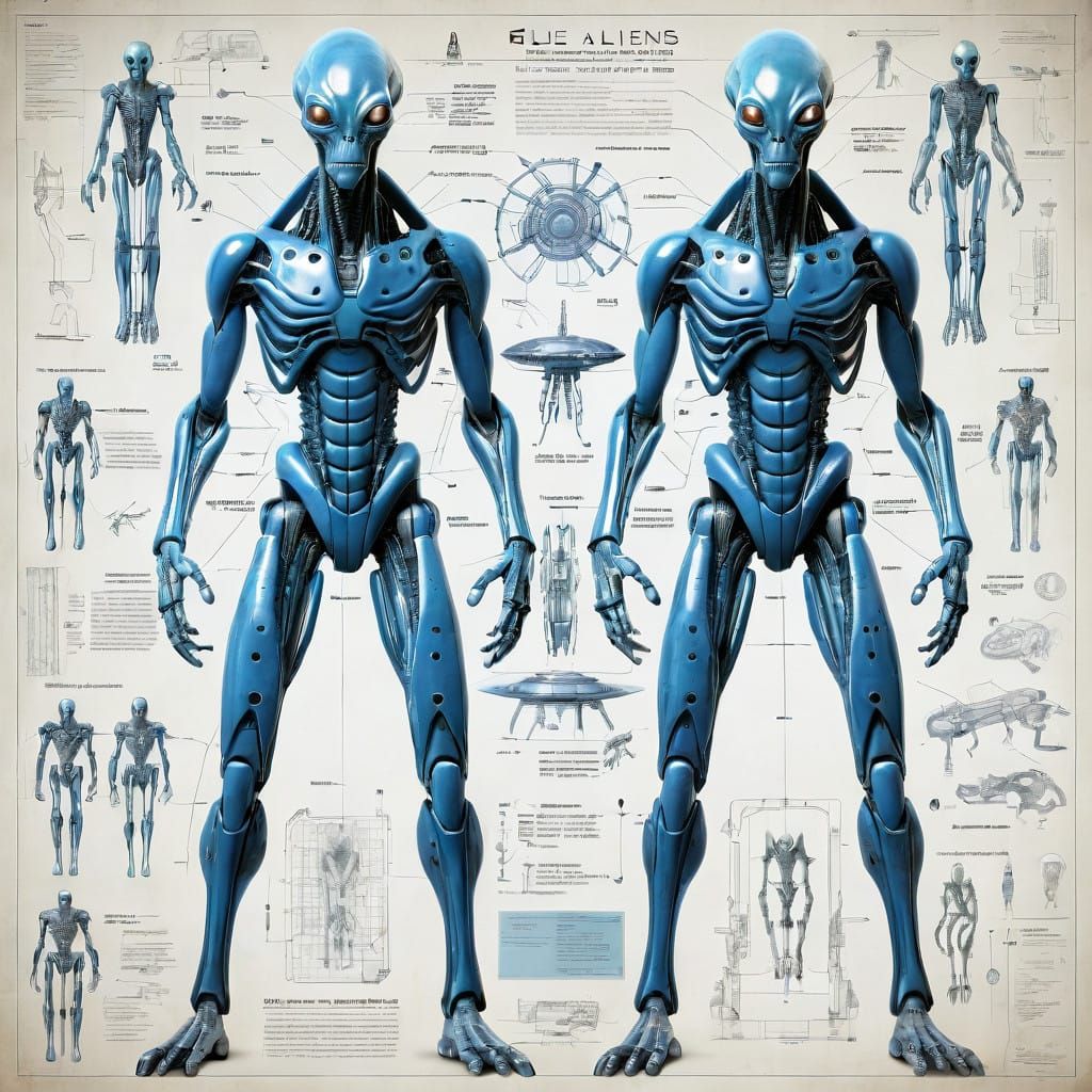 A collection of technical schematics and blueprints of two aliens. The ...