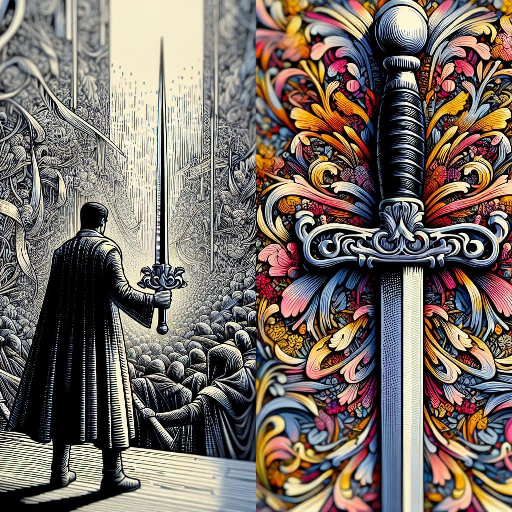 The small sword is sneaking up on the man with the very long sword ...