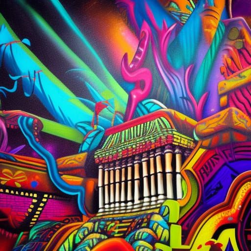 Mayan temple in the jungle graffiti art, splash art, street art, spray ...