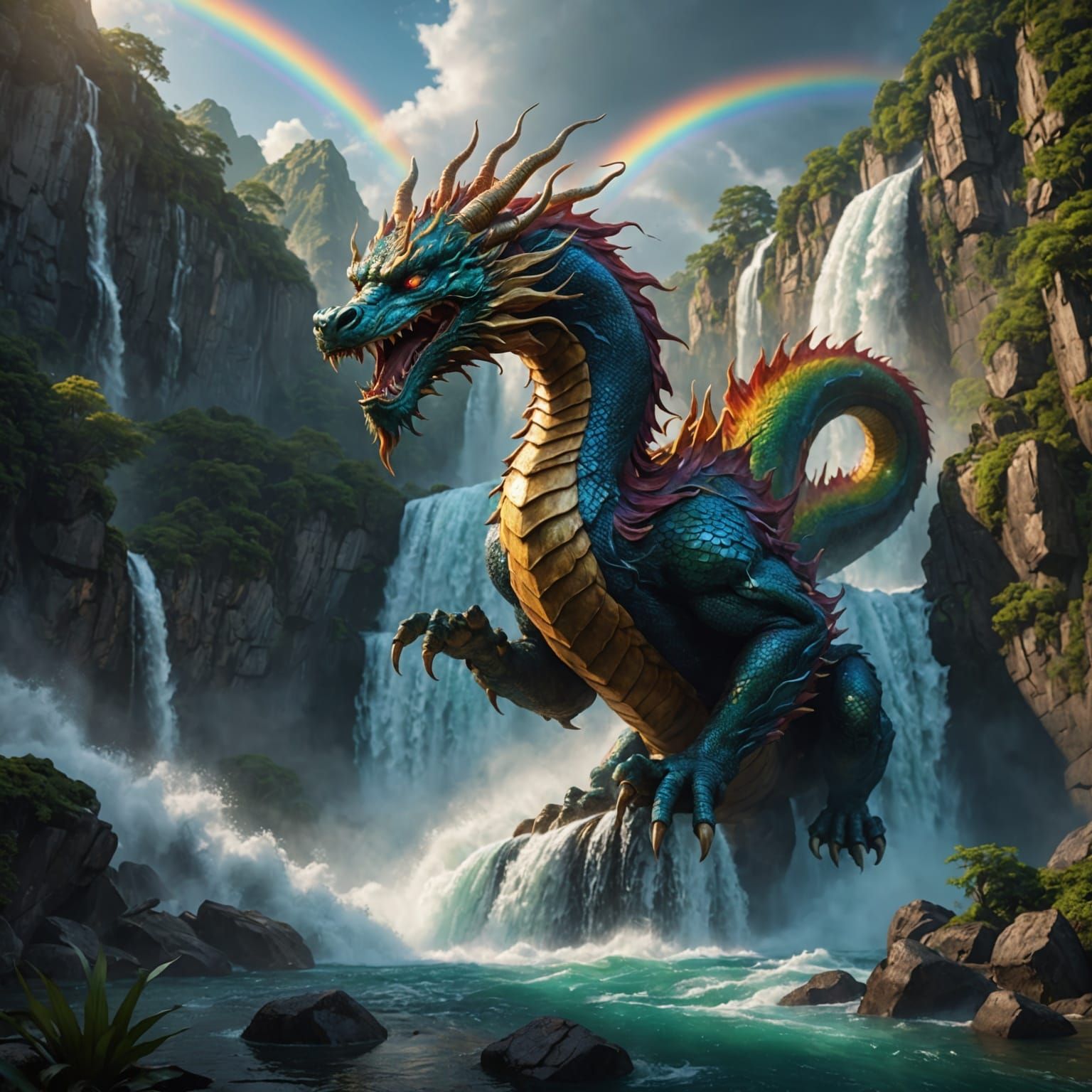 Dragon & waterfall - AI Generated Artwork - NightCafe Creator