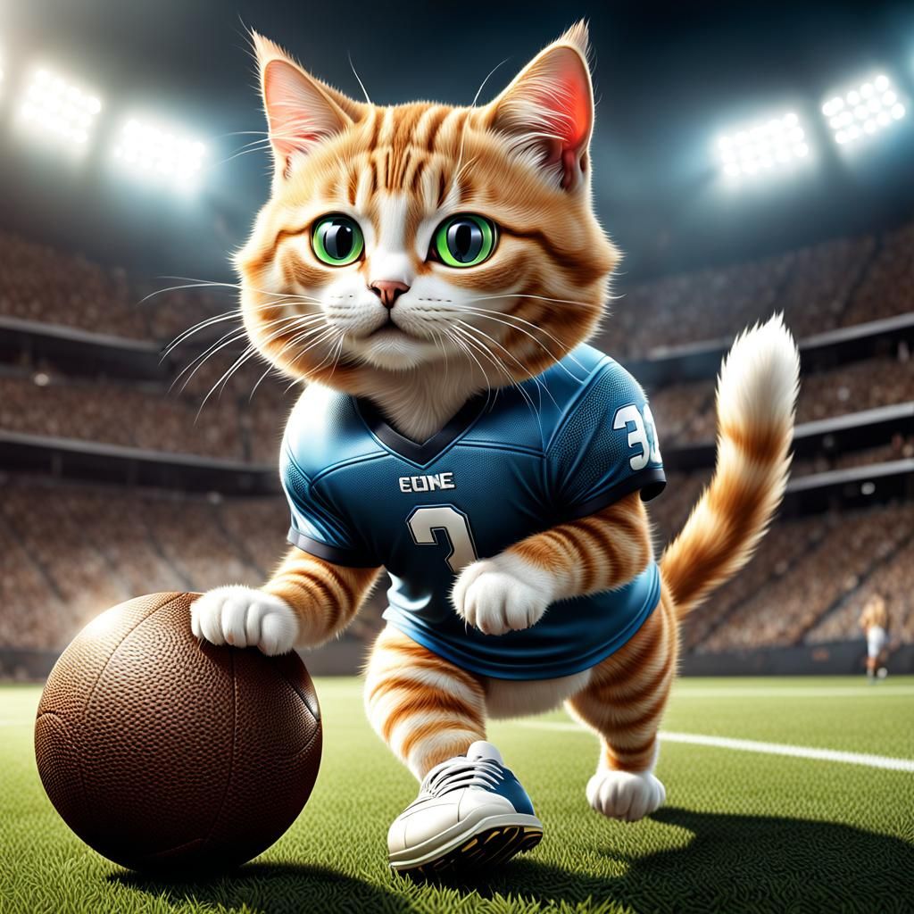Beautiful cat playing football. He wears a football jersey, shorts and ...