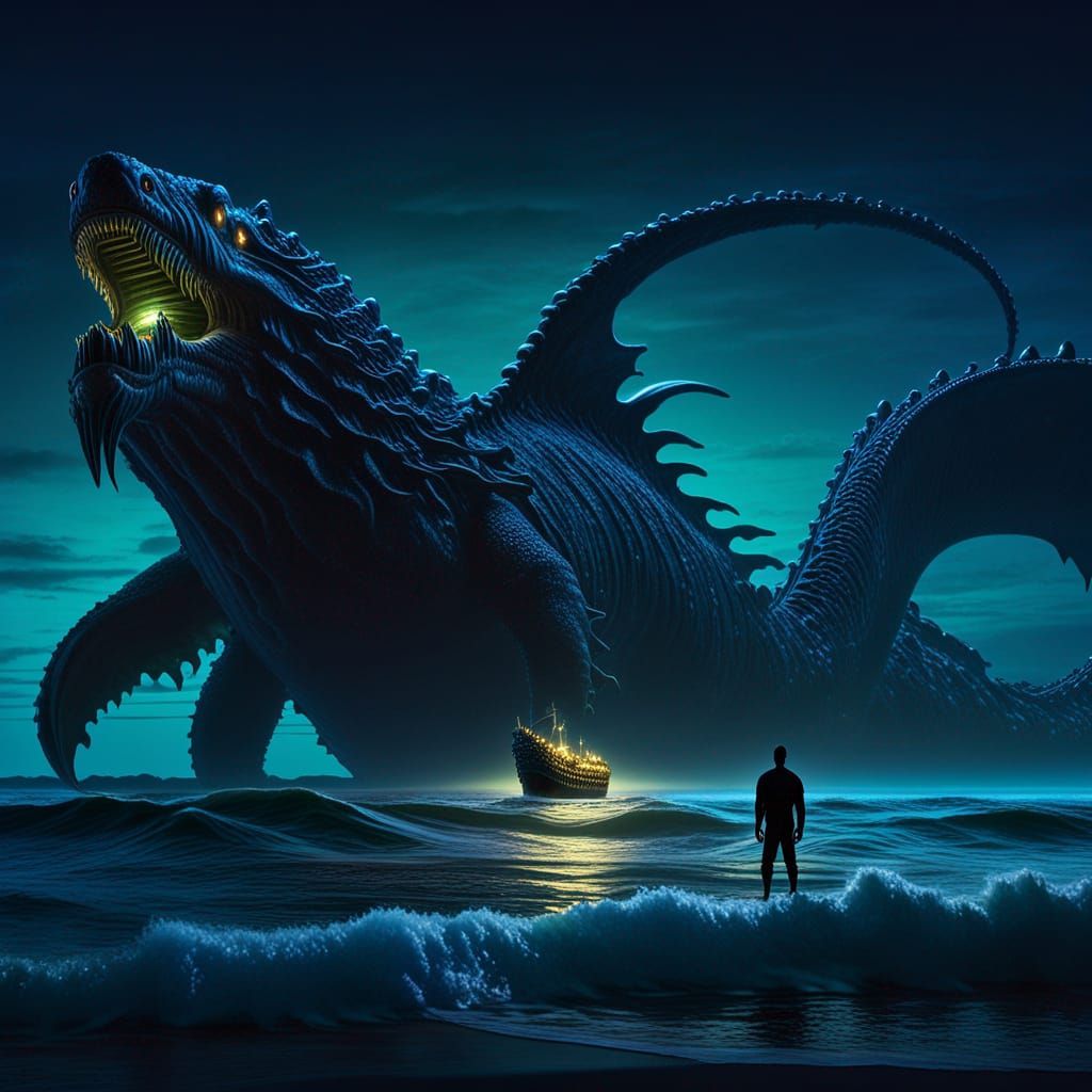 Distant giant standing Humanoid sea monster holding tiny broken sea ...