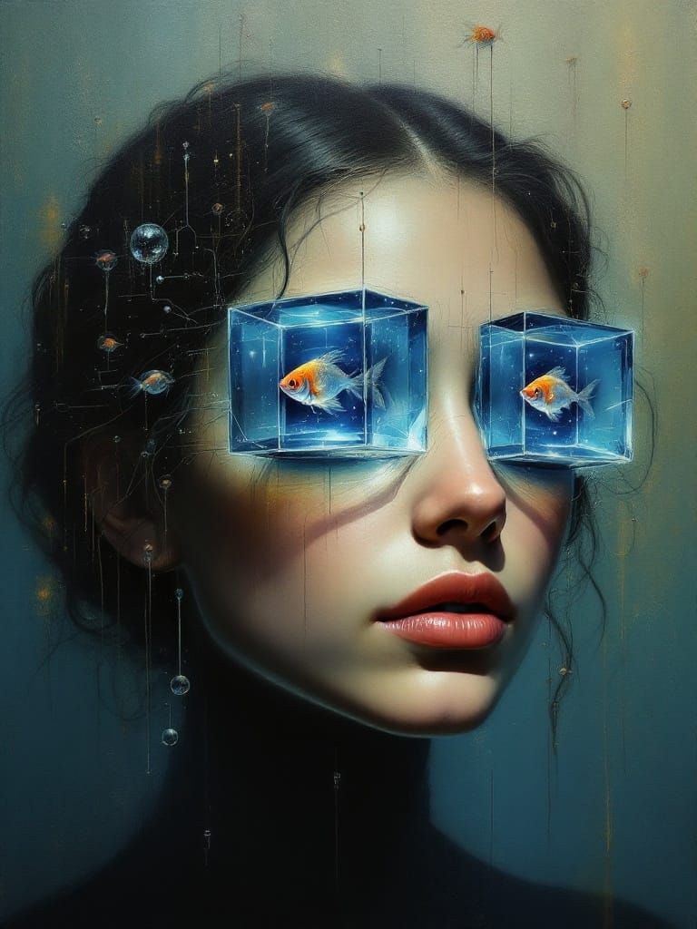 A caracature of a young lady with literal cubes for eyeballs. Within ...