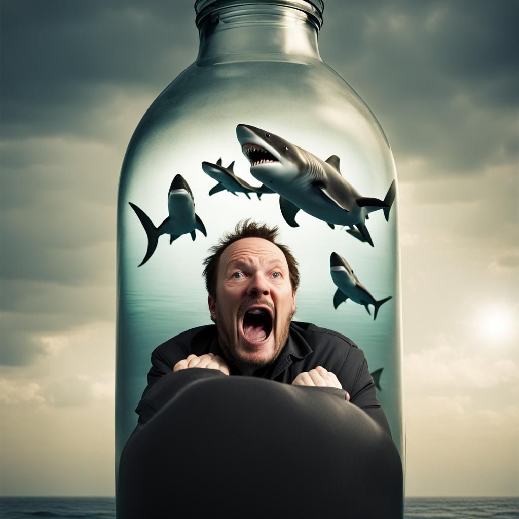 man locked in a bottle with sharks 1 - AI Generated Artwork - NightCafe Creator