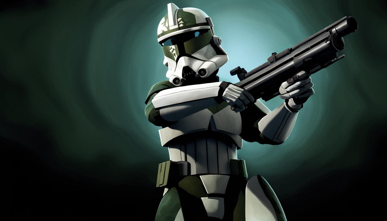 male, clone trooper, 41st elite corps, holding a z-6 rotary cannon ...