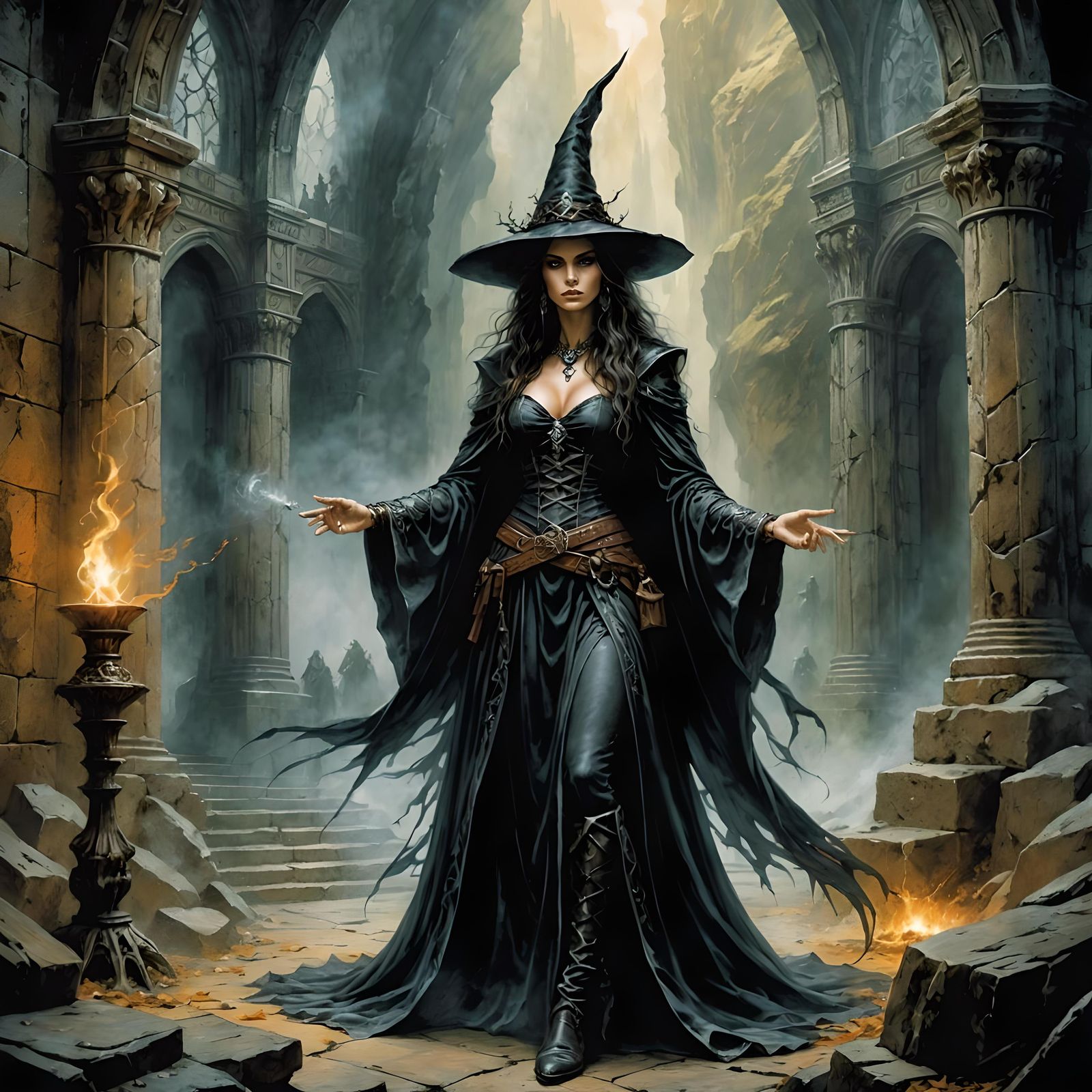 Pretty witch casting a mysterious magic spell in a hall of the mountain ...