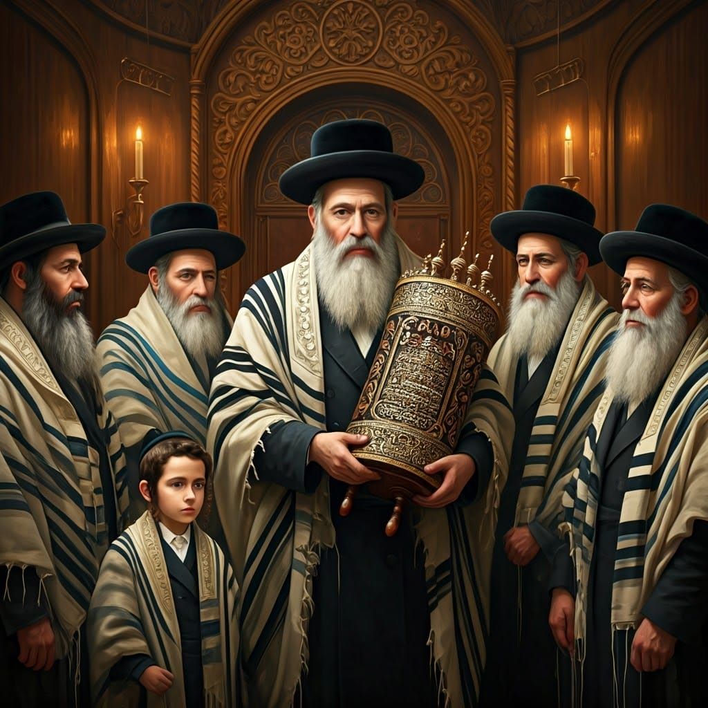 Vintage Jewish Synagogue Scene with Rabbi and Tora... - AI Art