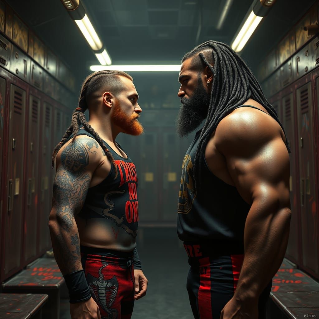 Gritty Backstage Confrontation in Wrestling Style - AI Art